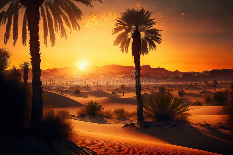 Gorgeous Desert Sunset Above the Palm Lined Oasis Stock Illustration ...