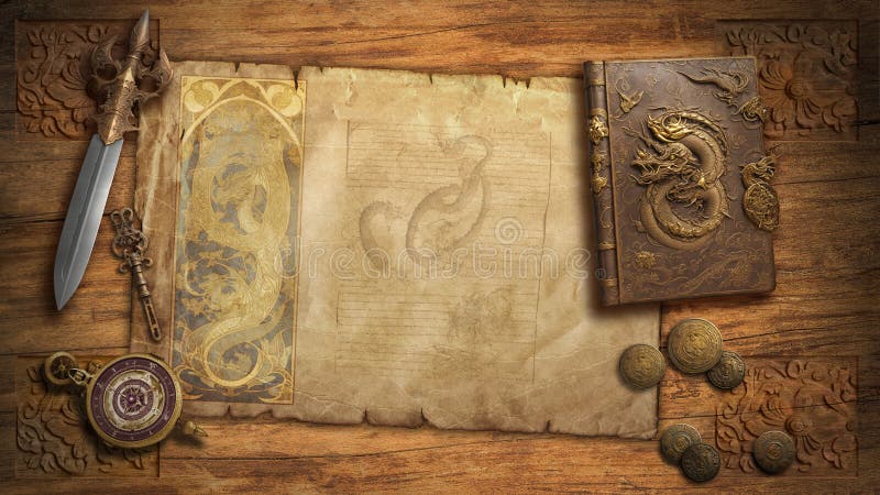 Gorgeous Fantasy Art Frame Background with Ancient Map and Coins Stock ...