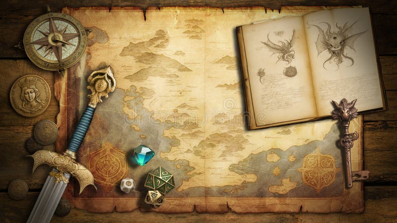 Gorgeous Fantasy Art Frame Background with Ancient Map and Dices Stock ...
