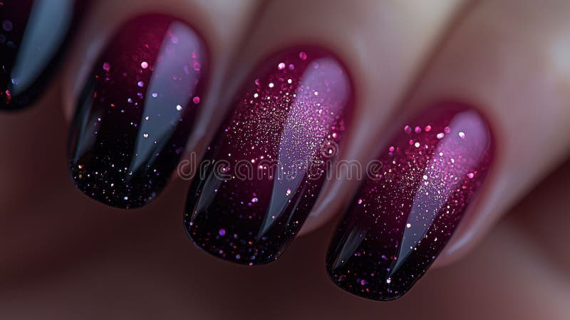 Gorgeous Gradient Nails with Deep Purple and Black Glitter Shine Stock ...