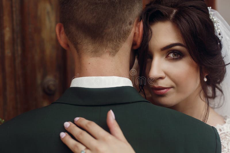 Gorgeous Happy Bride And Groom Hugging Sensual Tender Emotional Moment