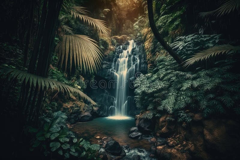 Gorgeous Jungle Waterfall in a Thriving Jungle Stock Illustration ...