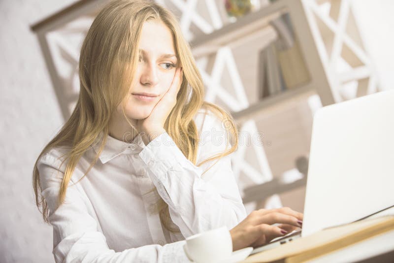 Gorgeous lady using laptop stock image. Image of keypad - 83694323