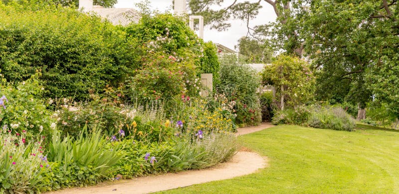 A Beautiful Long Border in Early Summer Stock Photo - Image of tree ...