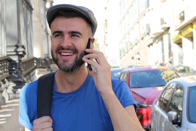 Gorgeous Man Calling by Phone Outdoors with Copy Space Stock Photo ...