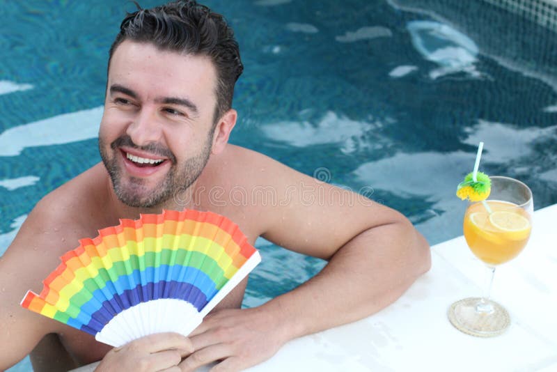 Gorgeous Man Holding Hand Fan with Rainbow Colors Stock Photo - Image ...