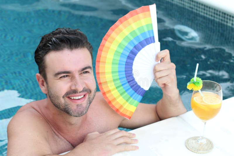 Gorgeous Man Holding Hand Fan with Rainbow Colors Stock Photo - Image ...