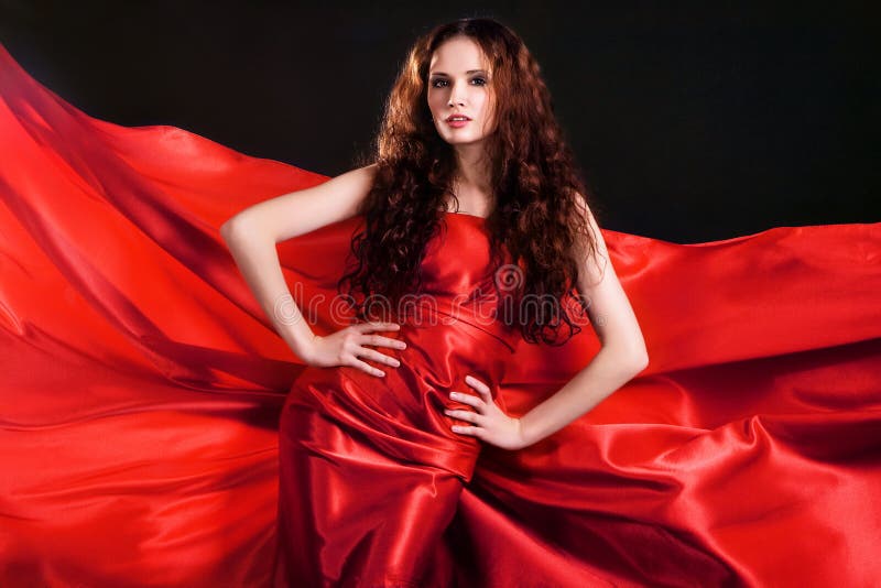 Fashion Model Art Dress, Elegant Woman Red Retro Gown Stock Photo ...