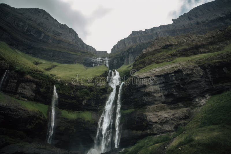 Gorgeous Mountain Range, with Waterfall Cascading Down the Cliffs Stock ...