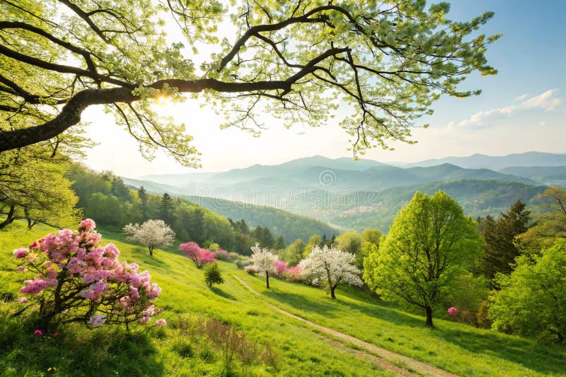 Gorgeous Panoramic Spring Scenery with the Sun Illuminating Fresh Green ...