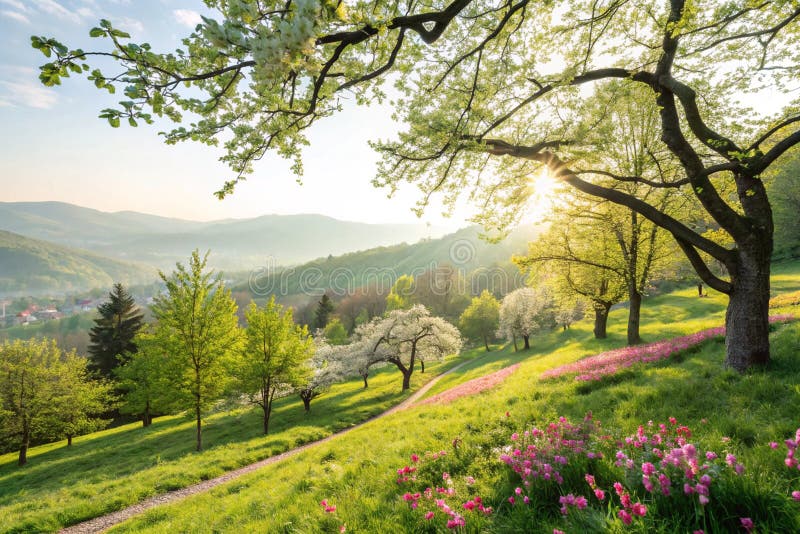 Gorgeous Panoramic Spring Scenery with the Sun Illuminating Fresh Green ...