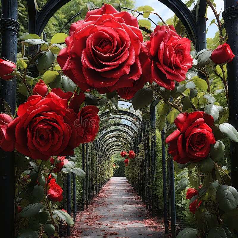 Gorgeous Red Roses at a Rose Arch in a Arcade Stock Illustration ...
