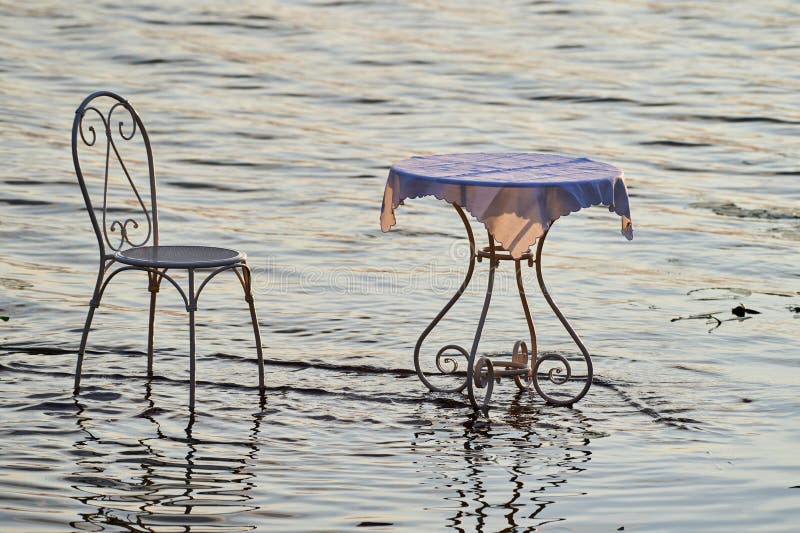 Gorgeous Retro Table and Chair on the Lake Water Stock Image - Image of ...