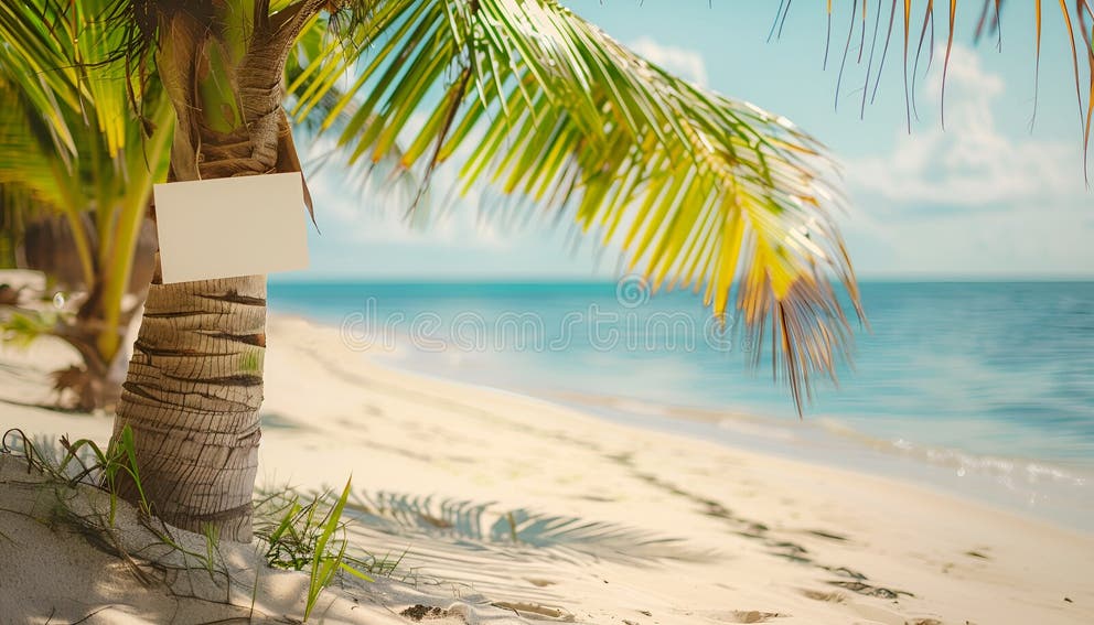 Gorgeous Sandy Beach with a Palm Tree and a Paper Stuck Stock Image ...
