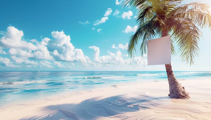 Gorgeous Sandy Beach with a Palm Tree and a Paper Stuck Stock Image ...