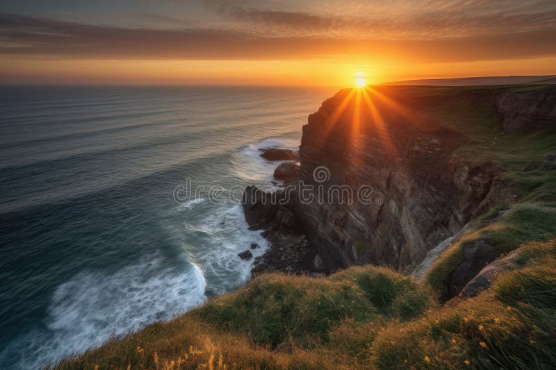 Gorgeous Sunset Over a Coastal Cliff, with the Sun Setting into the Sea ...