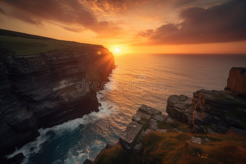 Gorgeous Sunset Over a Coastal Cliff, with the Sun Setting into the Sea ...