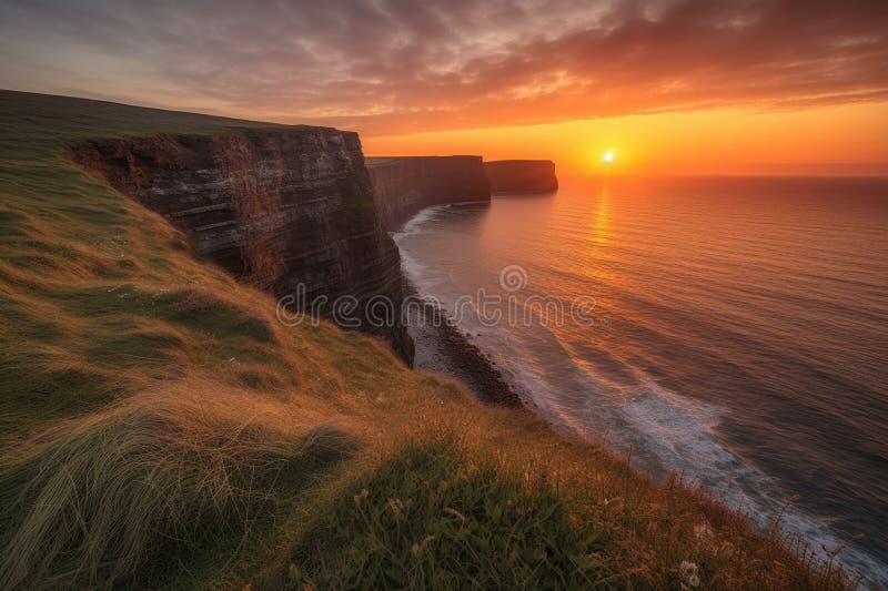 Gorgeous Sunset Over a Coastal Cliff, with the Sun Setting into the Sea ...
