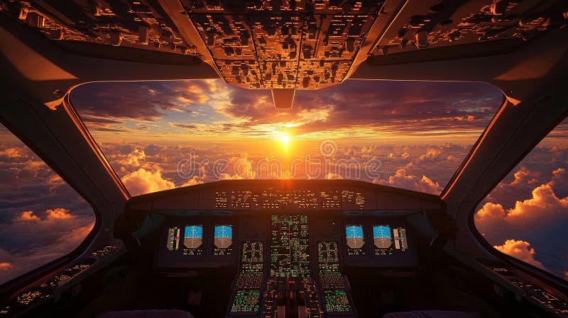 Sunset from the cockpit. stock photo. Image of clouds - 146744500