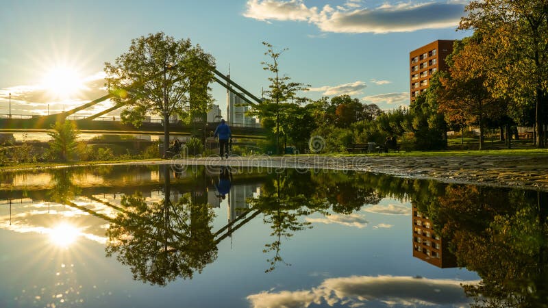 Gorgeous View of a City with a Bridge and Lush Trees Reflected in a ...