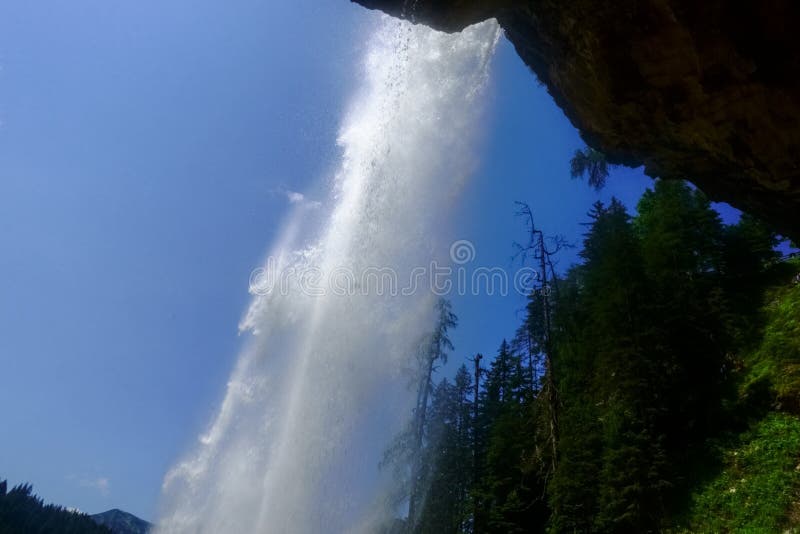 Gorgeous Waterfall Over a Cliff in the Mountains with View To the Blue ...