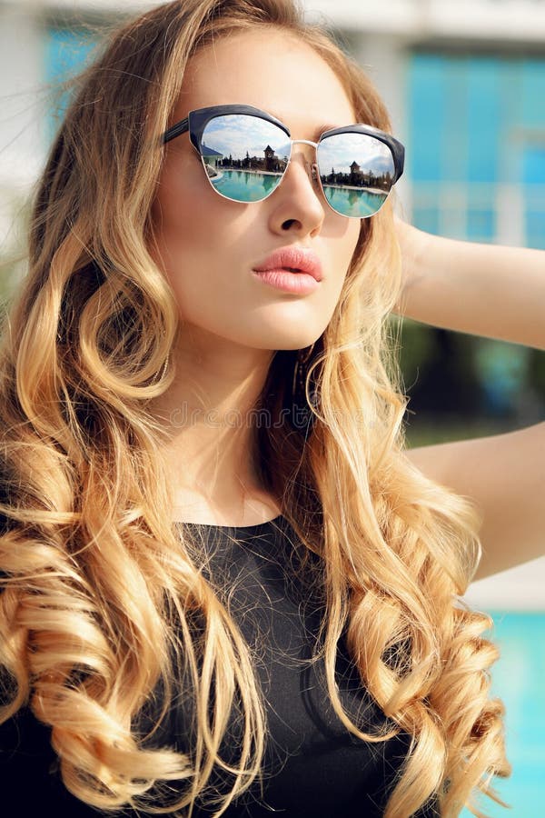 Gorgeous Woman Blond Hair In Elegant Dress Posing Beside Swimming Pool