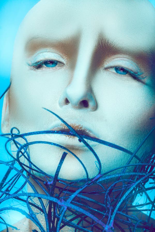 Gorgeous Woman with Body Art on Blue Background Stock Image - Image of ...