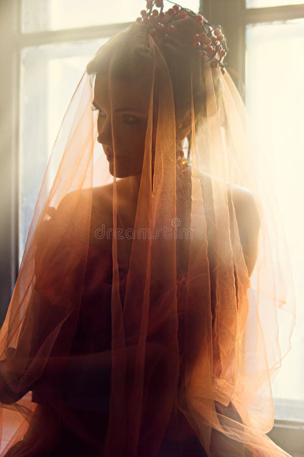 Gorgeous Woman with Red Translucent Shawl Stock Photo - Image of ...