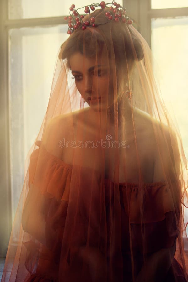 Gorgeous Woman with Red Translucent Shawl Stock Photo - Image of lips ...