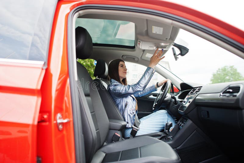 Gorgeous Woman Sitting Inside Car with Open Door Stock Photo - Image of ...
