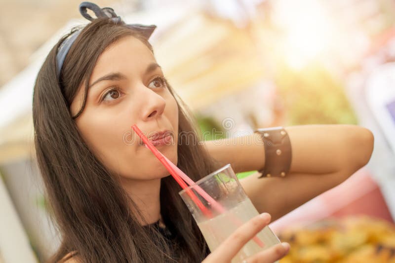 Gorgeous Young Brunette Drinking Lemonade Stock Image - Image of fresh ...