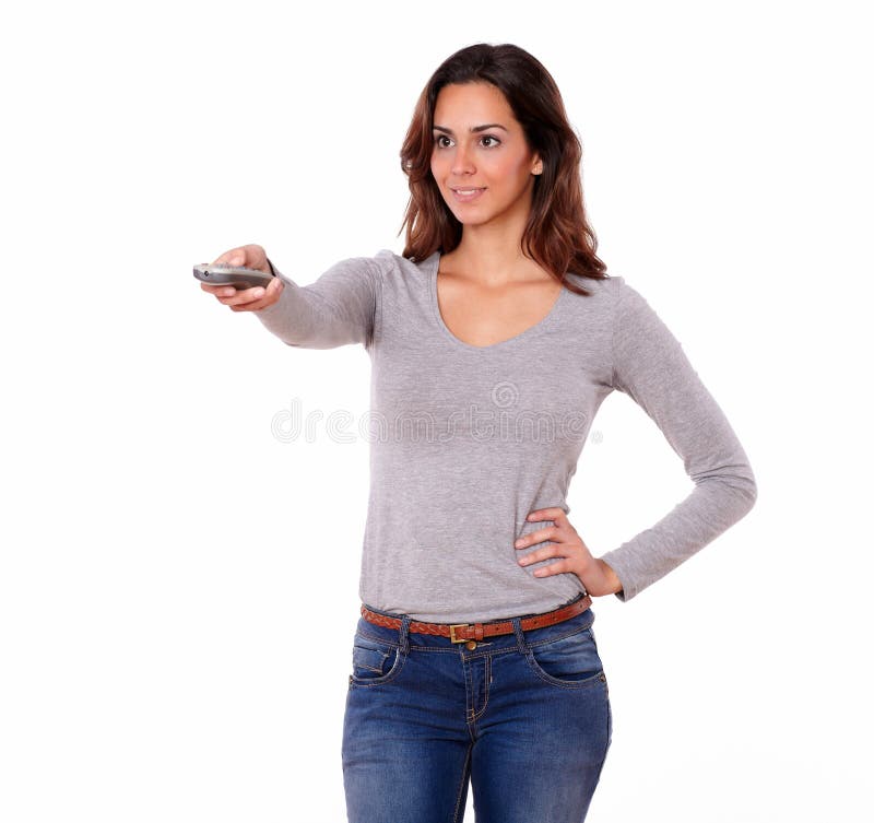 Pretty Lady Pointing Remote Control Copyspace Stock Photos - Free ...