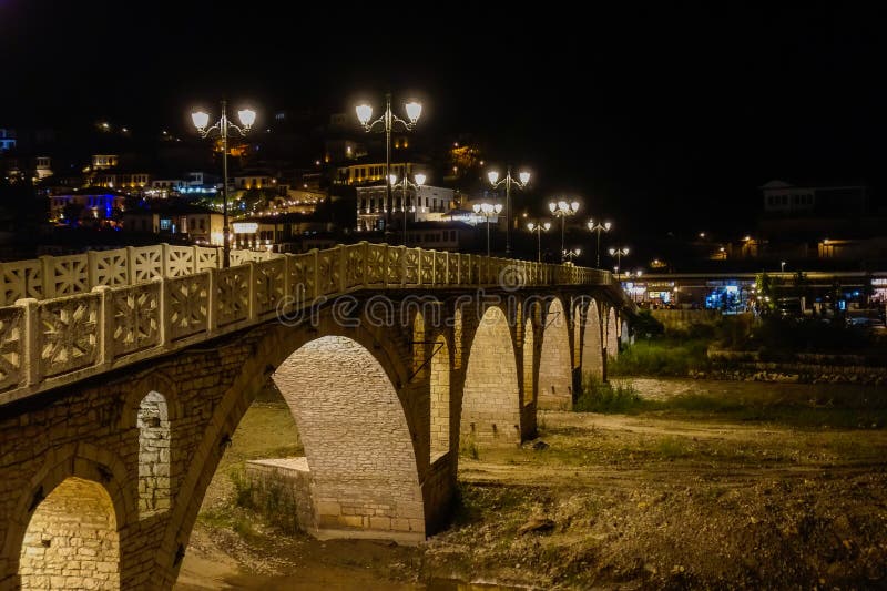 Gorica Bridge Illuminated Over Osum River in Berat, Albania, at Night ...