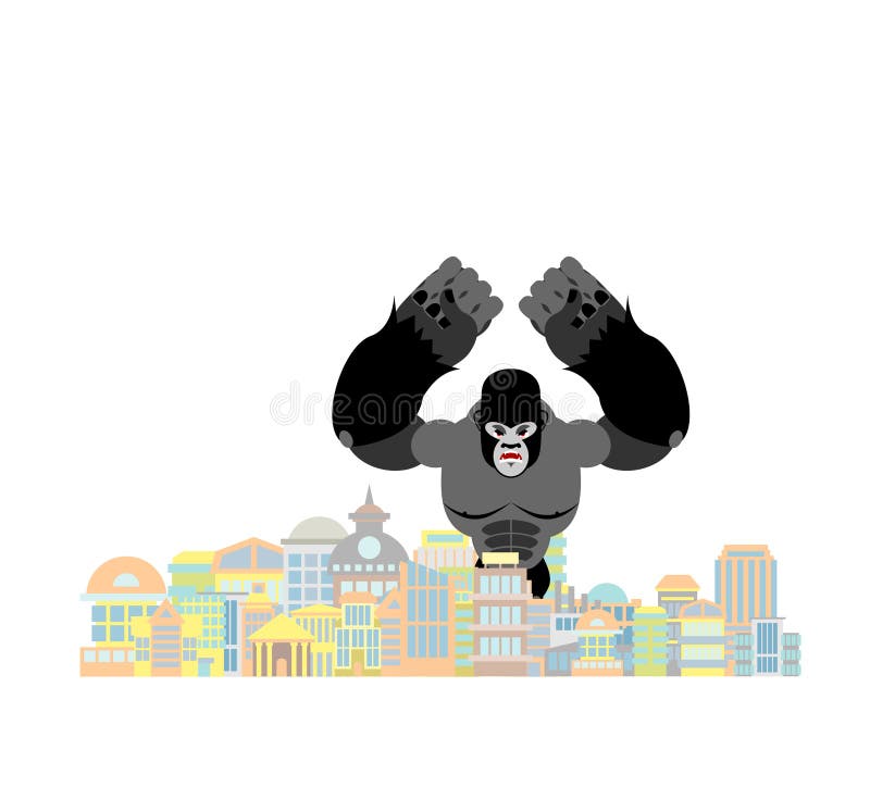 Gorilla in City. Rampage Big Monkey Destroys Town. Stock Vector ...