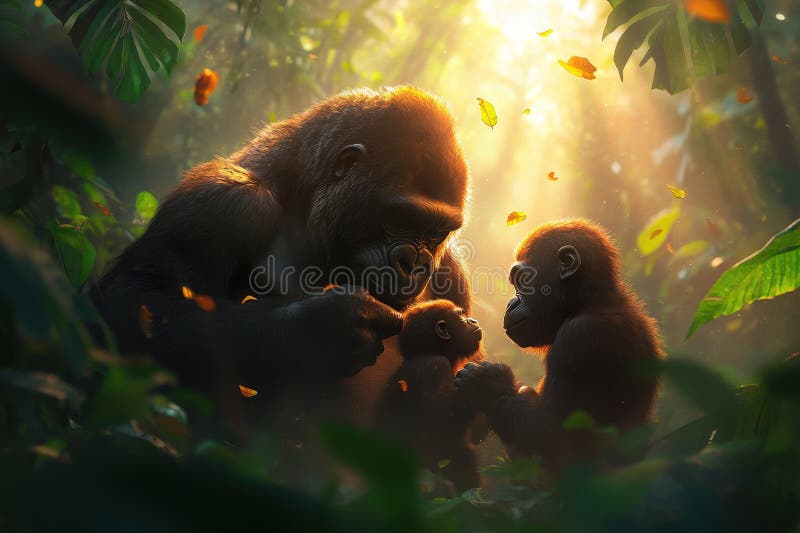Gorilla Family Bonding in Lush Jungle at Sunrise Stock Illustration ...