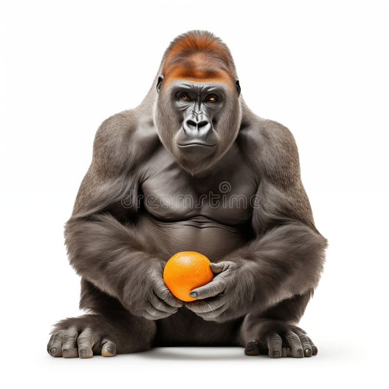 Gorilla Holding a Single Orange while Surrounded by Other Fruits on ...