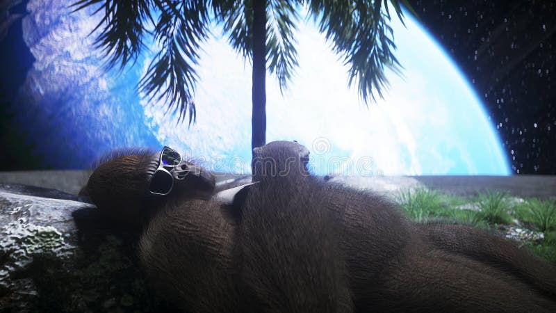 Gorilla Idle on the Moon Oasis. 3d Rendering. Stock Illustration ...