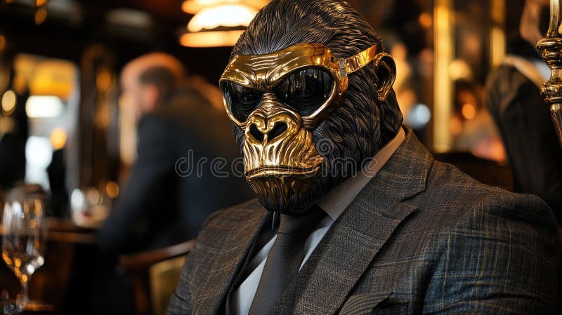 Gorilla Masked Figure in Suit Seated in Elegant Restaurant Setting ...