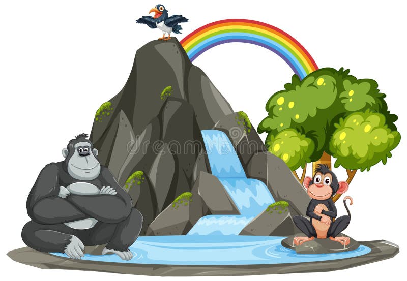 Gorilla in Waterfall, with Misty Spray and Waterfalls Stock ...