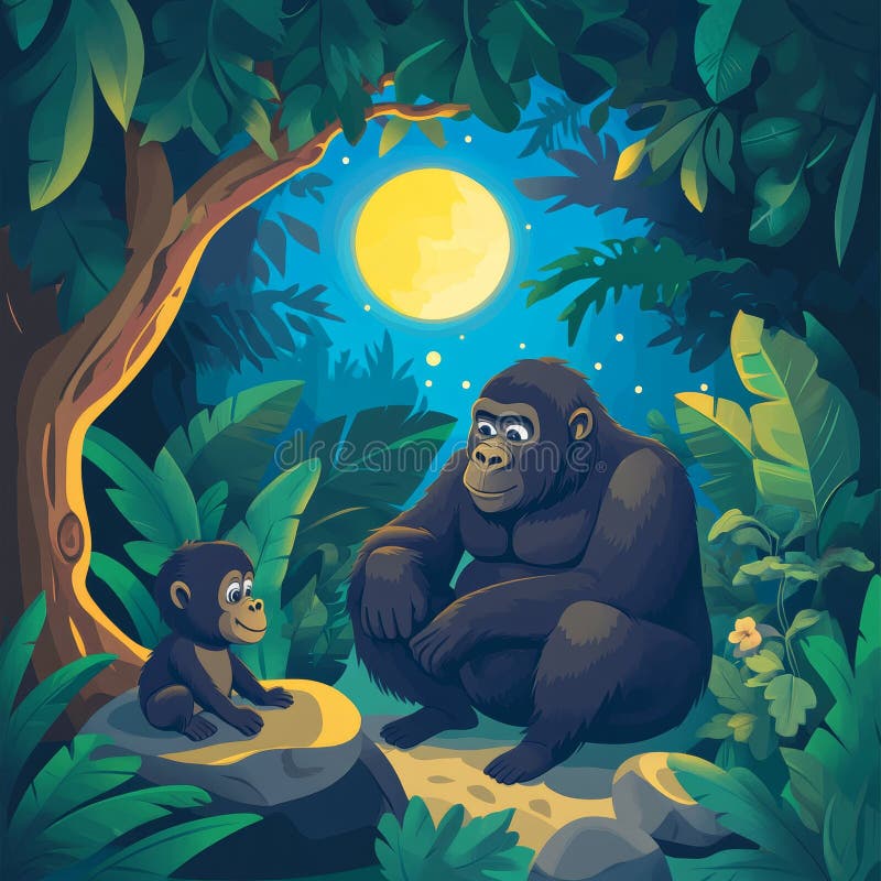Gorilla Mother and Her Cub in the Night Forest Stock Photo - Image of ...