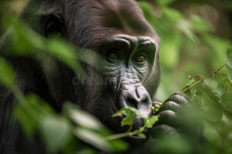 Gorilla Picking Berries from Bush in the Forest Stock Illustration - Illustration of vegetation ...