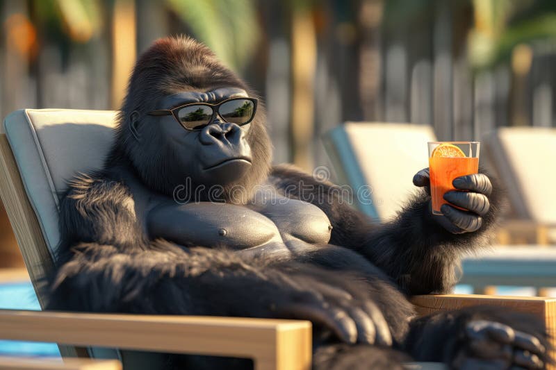 Gorilla Relaxes on Wooden Chair Near Pool with Orange Juice and Slice ... Gorilla Relaxes on Wooden Chair Near Pool with Orange Juice and Slice ...