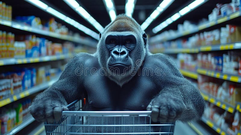 A Gorilla Sitting in a Shopping Cart in a Grocery Store Stock Image ...
