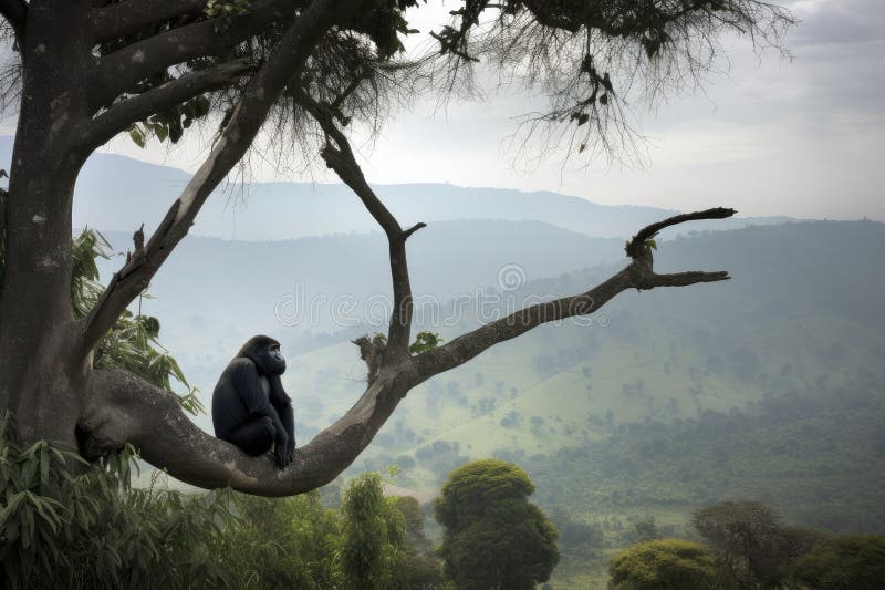 Gorilla Sitting in Tree, Looking Out Over Peaceful Landscape Stock ...