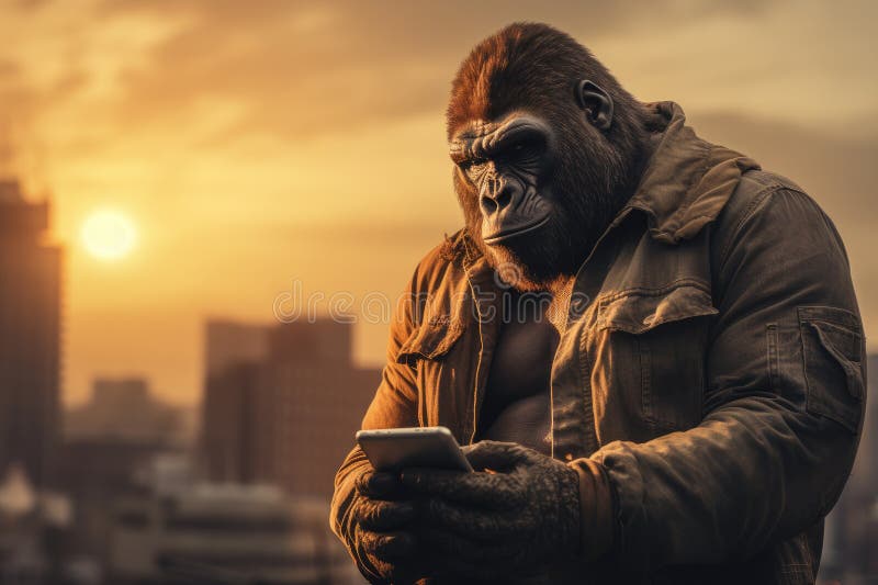 Gorilla Using a Mobile Phone on a Modern City Background Stock ...