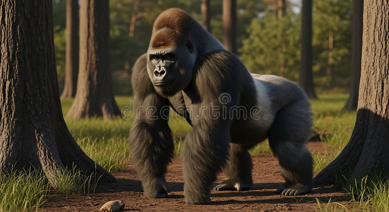 Gorilla Walking through Forest Landscape Wildlife Scene Stock Illustration - Illustration of ...