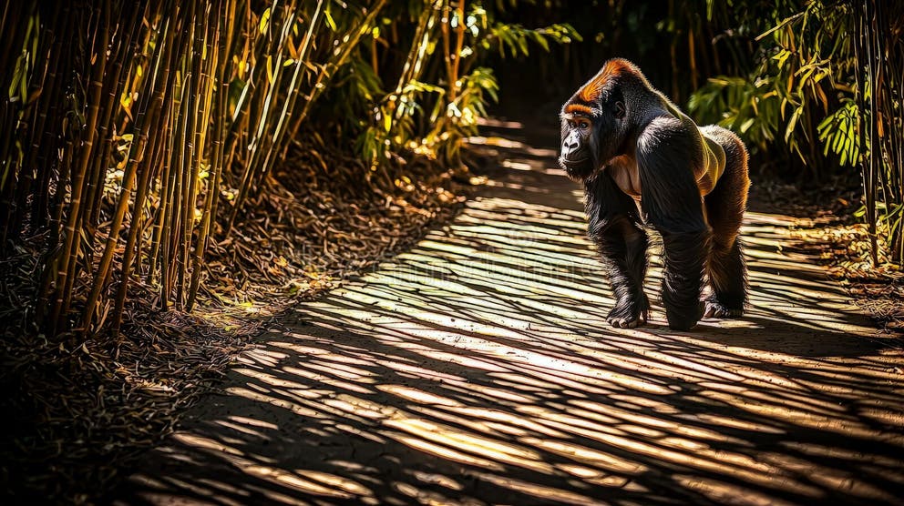 Gorilla Walking Path Bamboo Forest Sunlight Zoo Stock Photo - Image of ...