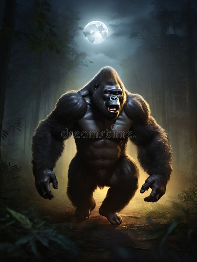 A Huge Gorilla in a Silent Forest Stock Image - Image of moon, wild ...