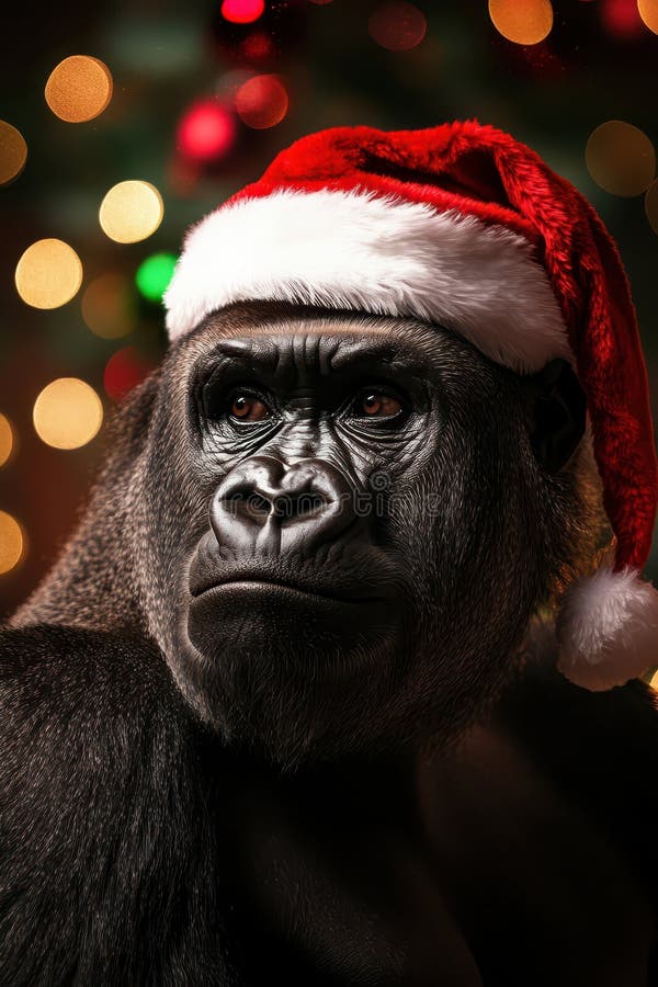 Gorilla Wearing Santa Hat Surrounded by Christmas Lights Stock Image ...