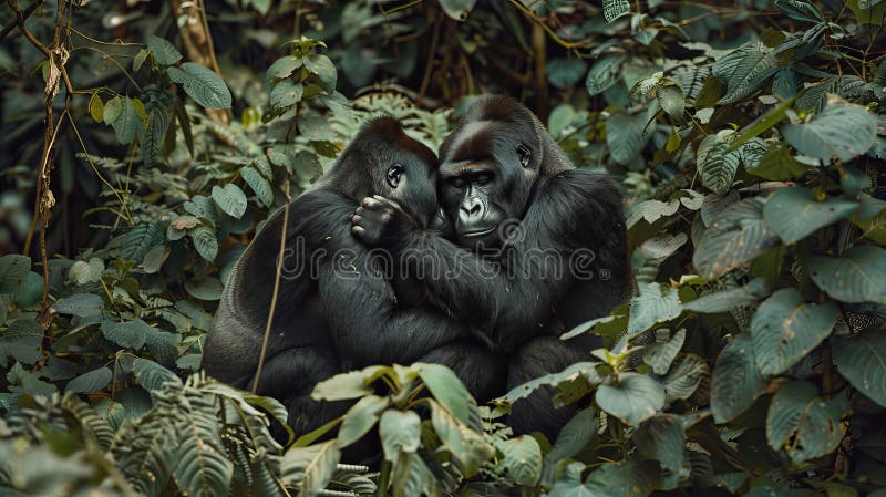 Gorillas Hugging in Dense Jungle, Intimate Wildlife Moment Stock Image ...